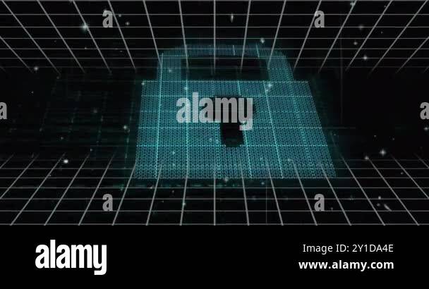 Digital lock icon animation over grid background, representing cybersecurity concept. protection ...