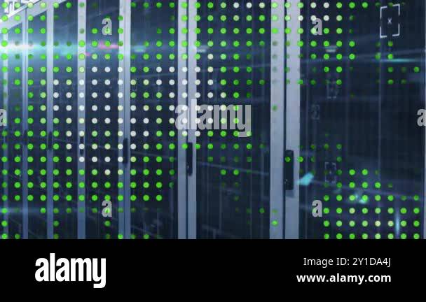Green and white dots data processing animation over server racks in data center. technology ...