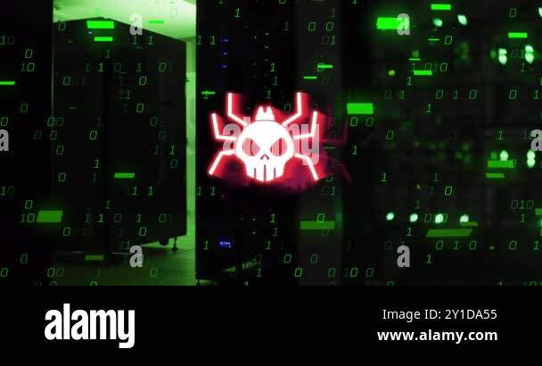 Skull and bug icon with binary code, cybersecurity threat animation over server room. hacking ...