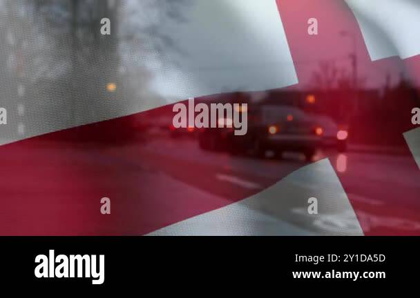 Animating England flag over cars driving on rainy street. Patriotism ...