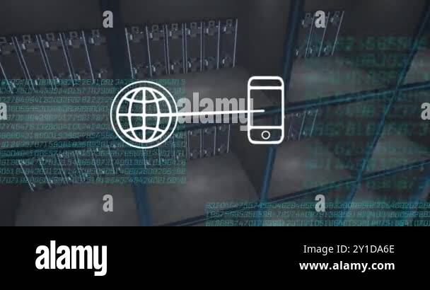 Animating global connectivity and data transfer, cityscape background with binary code ...