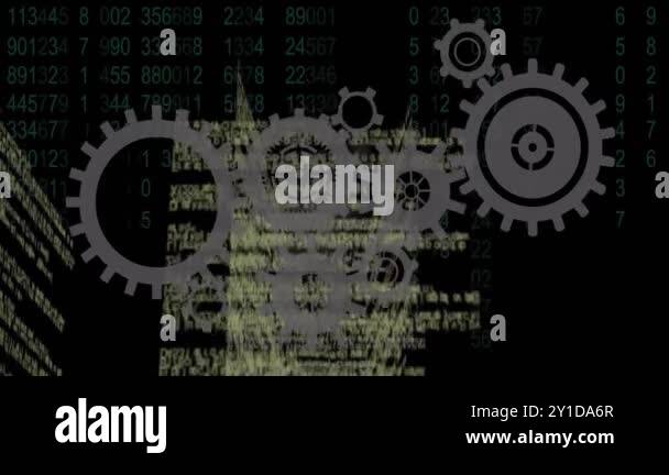 Gears and numbers animating over digital data background with futuristic elements. Technology ...