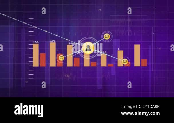 Data analysis animation with graphs and user icons connected by lines ...