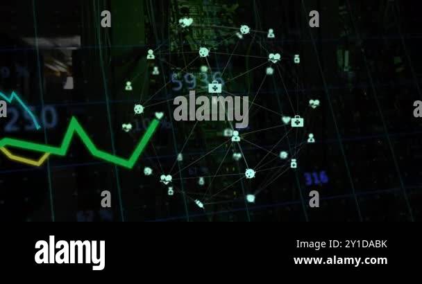 Green line graph and medical icons network animation over cityscape. Healthcare, technology ...