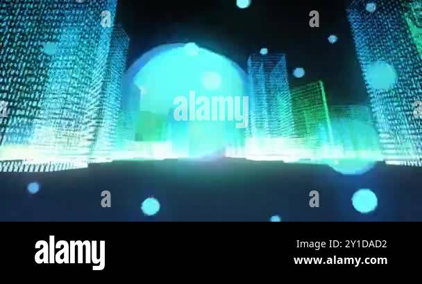 Digital cityscape with glowing buildings and floating circles animating ...