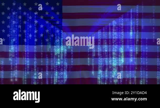 Binary code and data streams animation over American flag background ...