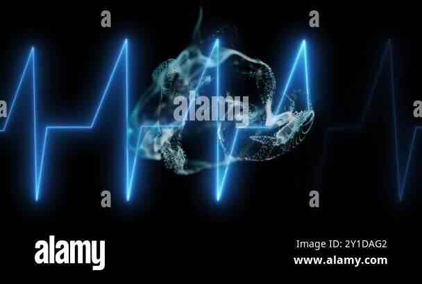 Animating heartbeat over swirling particles on black background ...