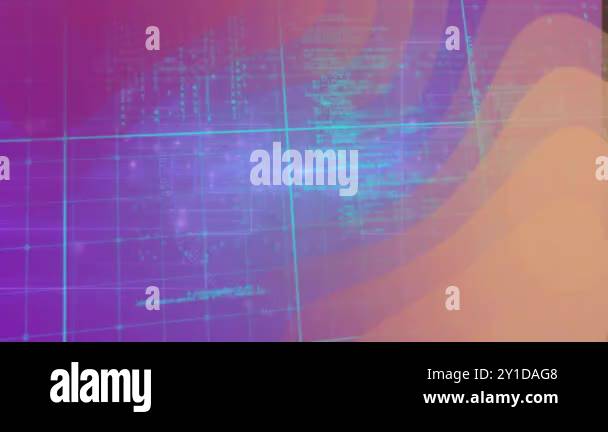 Code and data visualization animation over purple and pink abstract background. Technology ...