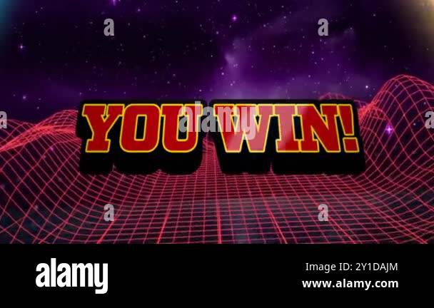 You win! text animation over retro grid and starry night sky background ...