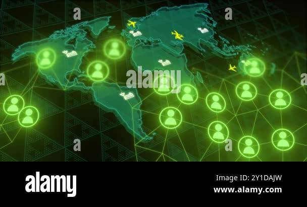Global logistics and communication network animation over world map ...