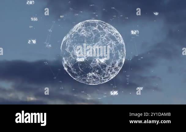 Digital globe with data points animation over cloudy sky background. Technology, global, network ...