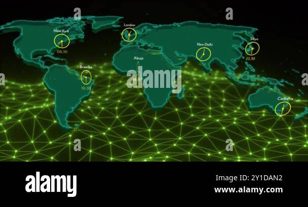 World map with city clocks and time zones animation over green network ...