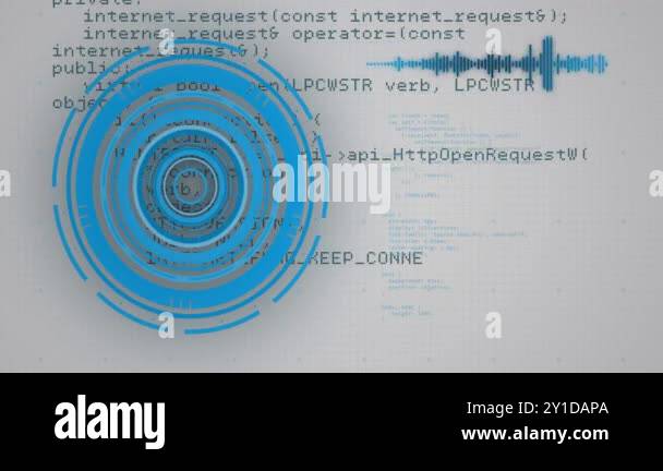 Blue Concentric Circles And Soundwave Animation Overlaying Programming Code And Math Formulas