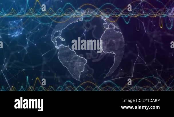 Data processing animation with globe, network connections, and waveforms. Technology, digital ...