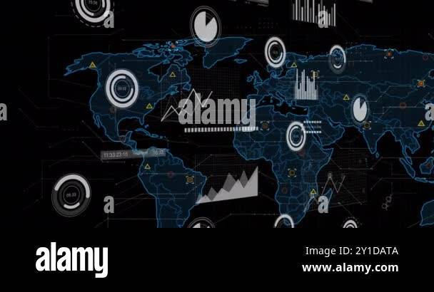 World map with data charts and graphs, global analytics animation. visualization, statistics ...