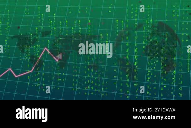 Financial chart and binary code animation over world map background ...