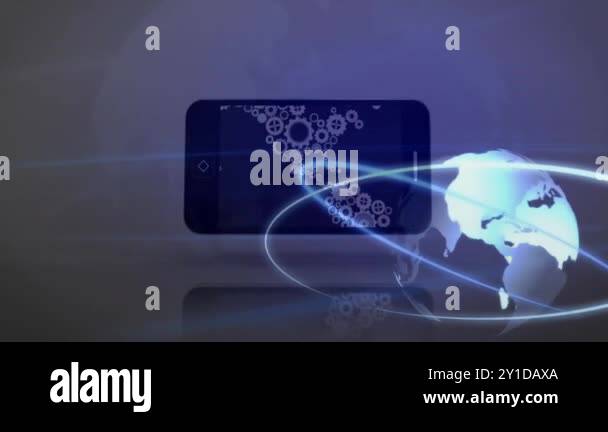 Tablet with gears and cogs animation over rotating globe and digital ...