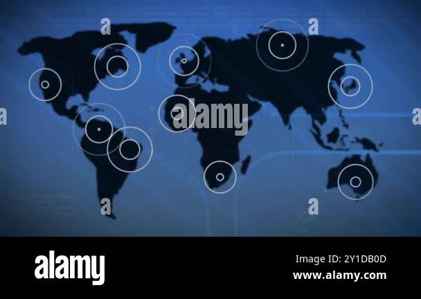 Global network connections animation with target circles on world map ...