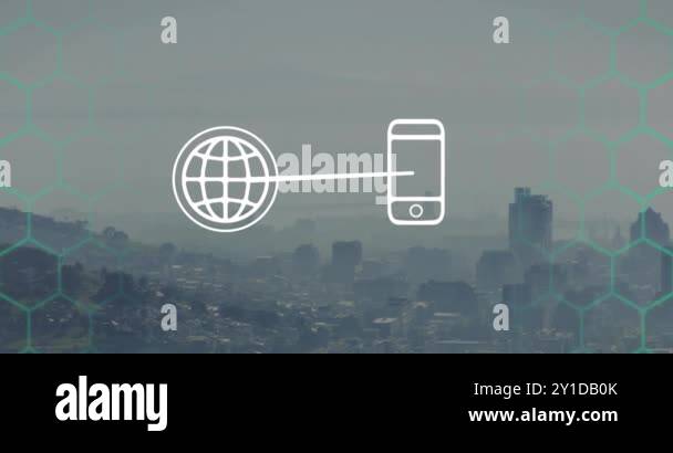 World connected to smartphone animation over cityscape with hexagonal ...