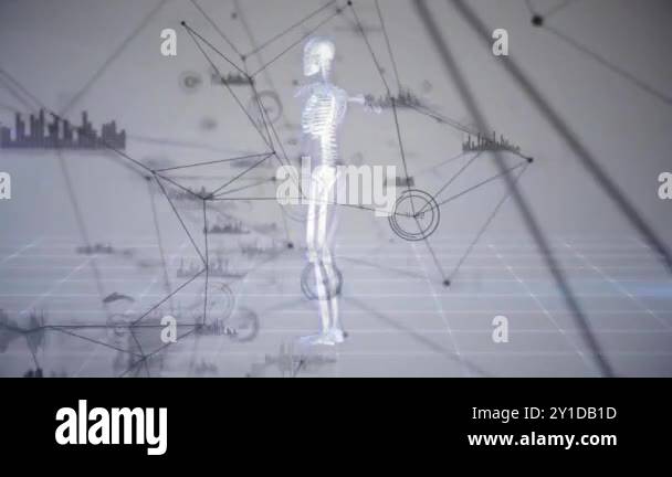 Human skeleton with arms outstretched, network connections and data ...