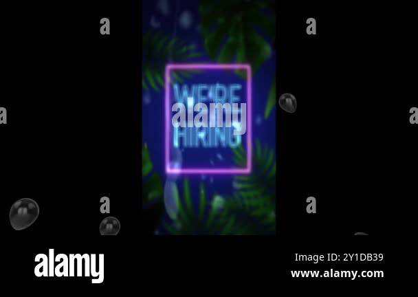 We're Hiring text animation over tropical leaves and floating balloons ...