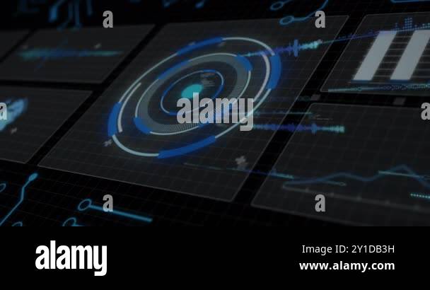 Analyzing and visualizing data with futuristic animation over digital interface. Technology ...