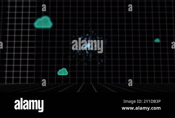 Cloud security shield animation over digital grid background with green ...