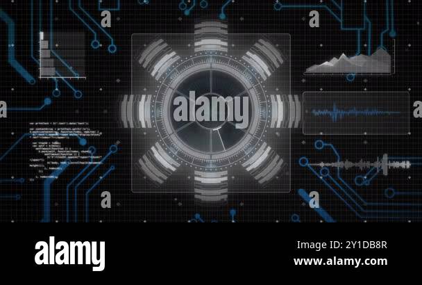 Futuristic data processing animation over digital interface with charts and graphs. Technology ...