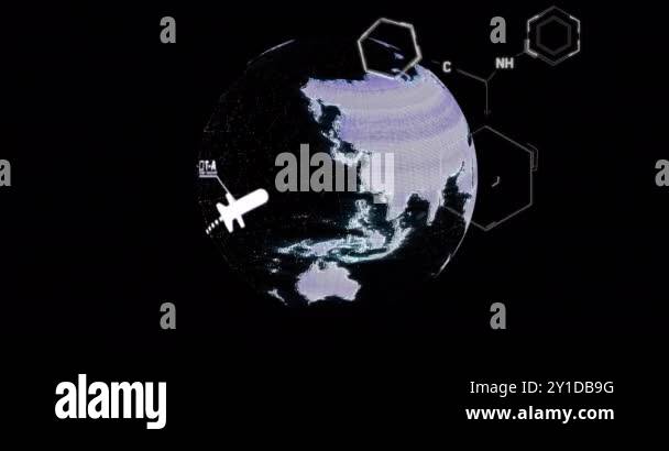 Chemical structure animation over rotating globe with highlighted CO molecule. Science ...