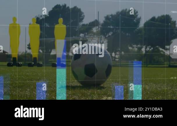 Bar chart and world map animation over soccer players practicing on ...