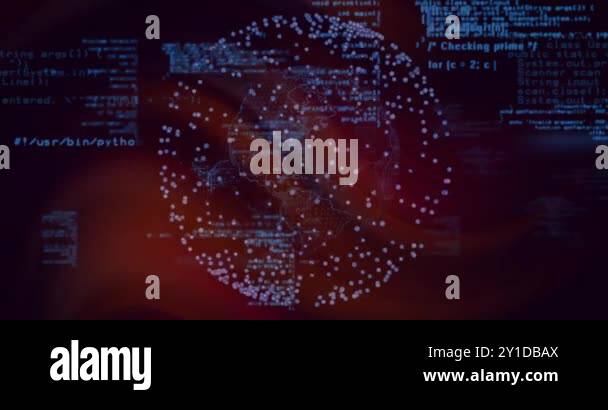 Digital Globe With Data Points And Coding Animation Over Dark Red