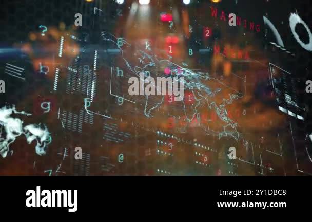 Cybercrime text and world map animation over digital data and coding background. Cybersecurity ...