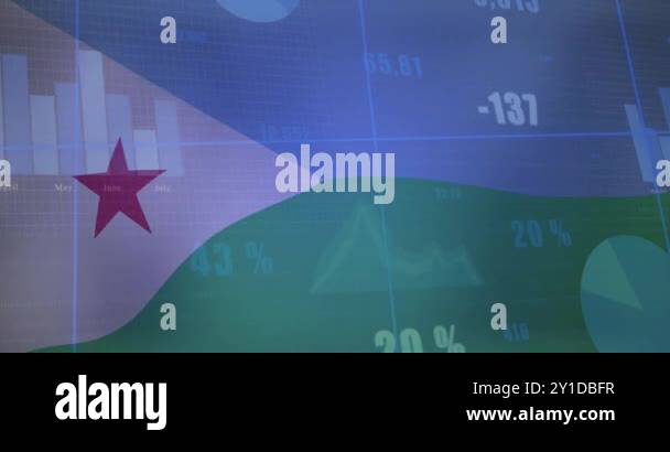 Graphs and charts animation over flag with star and wavy lines. Data ...
