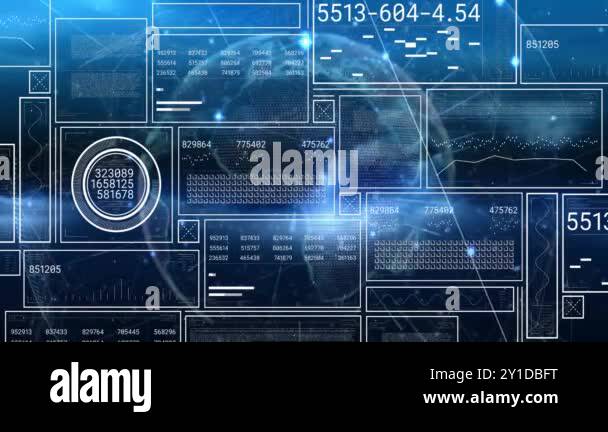 Digital data and numerical analysis animation over blue technological background. Technology ...