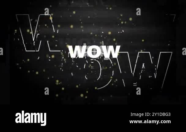 Glitch effect animation with WOW text over black background and golden particles. typography ...