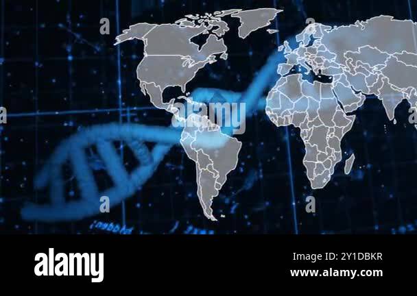 World map animation over DNA strand and binary coding background. Technology, innovation ...