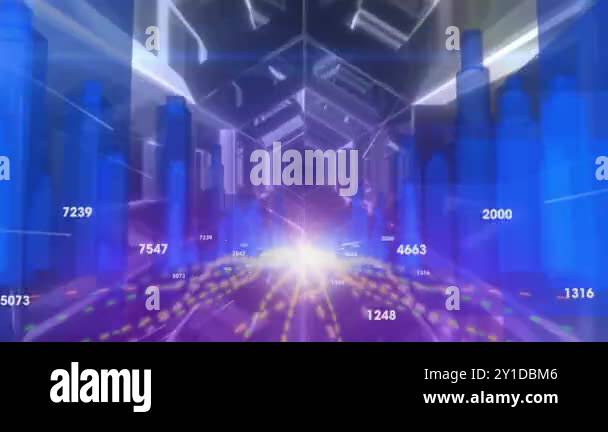 Digital data visualization animation with numbers and geometric shapes over futuristic tunnel ...
