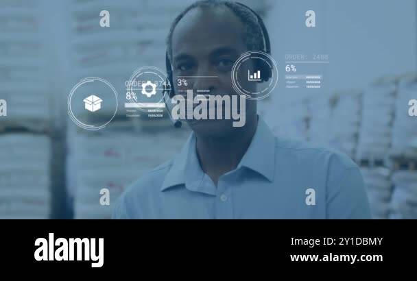 Customer service representative with headset, data processing animation ...