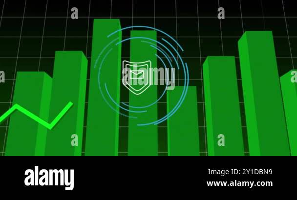 Email security animation over green bar graph and line chart. Cybersecurity, data protection ...