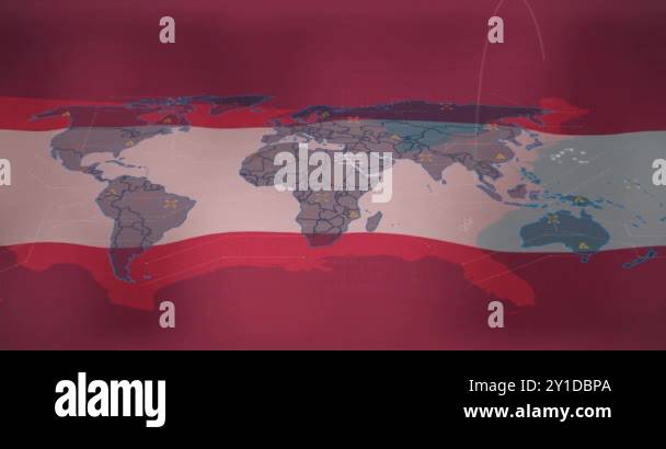 World Map With Data Points And Connections Animation Over Red