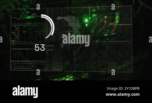 Digital world map and data analysis animation over green glowing ...
