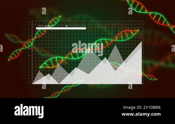 DNA strands and data chart animation over grid background. Genetics ...