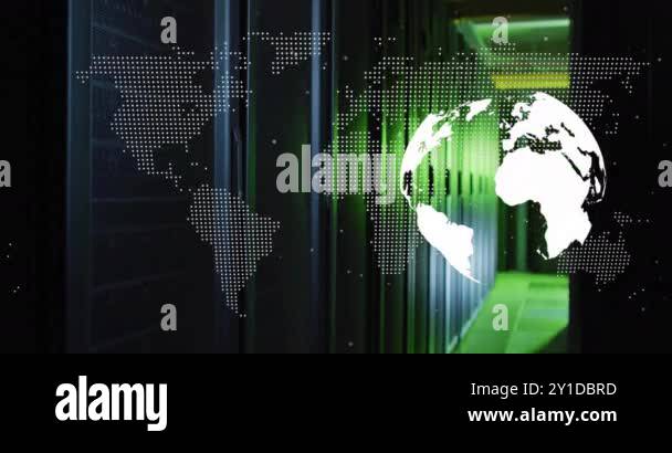 World map animation over data servers in dimly lit server room. Technology, networking, digital ...