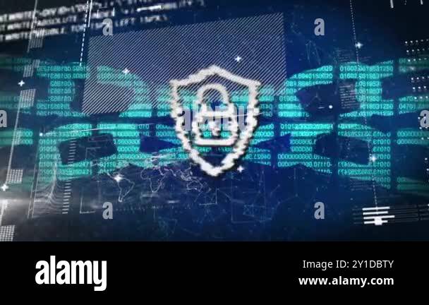Analyzing system text and shield icon animation over digital data and graphs. Cybersecurity ...
