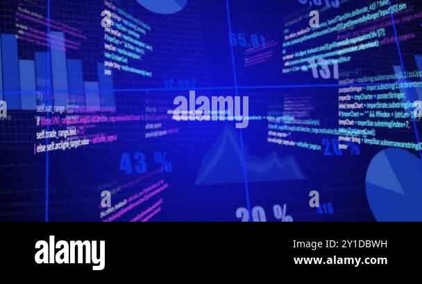 Computer Code And Data Visualization Animation Over Blue Digital Background Technology Coding