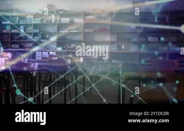 Empty classroom with desks and bookshelves, network connections ...