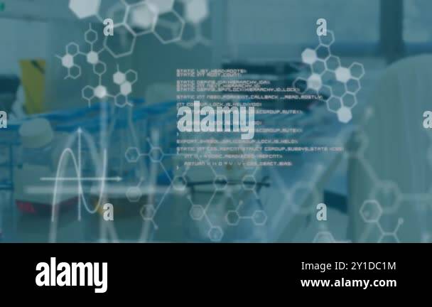 Animating hexagonal molecular structures and scientific data over laboratory background. Science ...