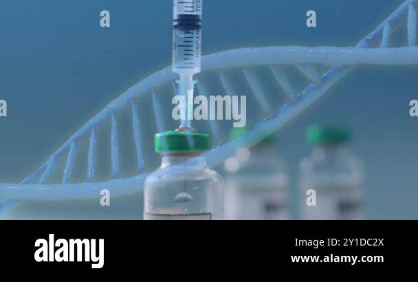 Syringe drawing liquid from vial over DNA strand animation. Medical ...