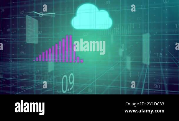 Bar chart and cloud computing icons animation over digital grid ...