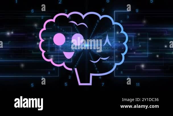 Brain with smiley face and numbers, digital data processing animation ...